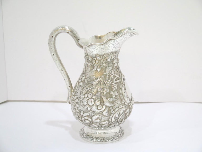 Coin Silver A. E. Warner Antique Birds Flowers Repousse Small Pitcher ...