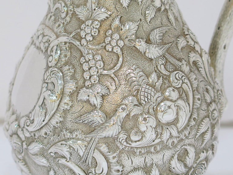 Coin Silver A. E. Warner Antique Birds Flowers Repousse Small Pitcher ...