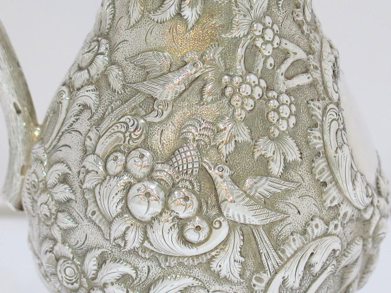 Coin Silver A. E. Warner Antique Birds Flowers Repousse Small Pitcher ...