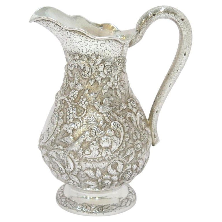 Coin Silver A. E. Warner Antique Birds Flowers Repousse Small Pitcher ...