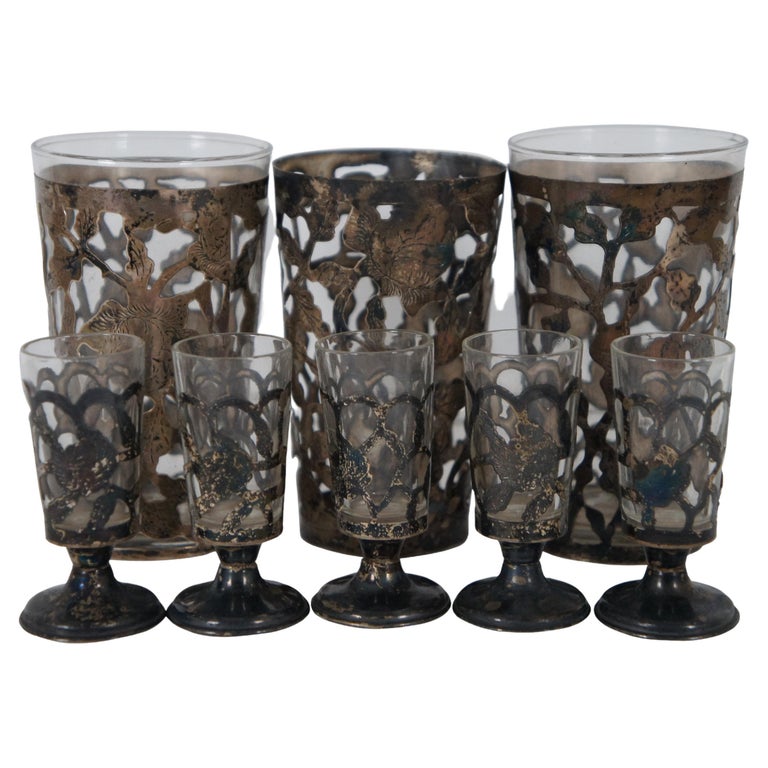 8 JMC Mexico 925 Sterling Silver Overlay Water Glasses and Cordials ...