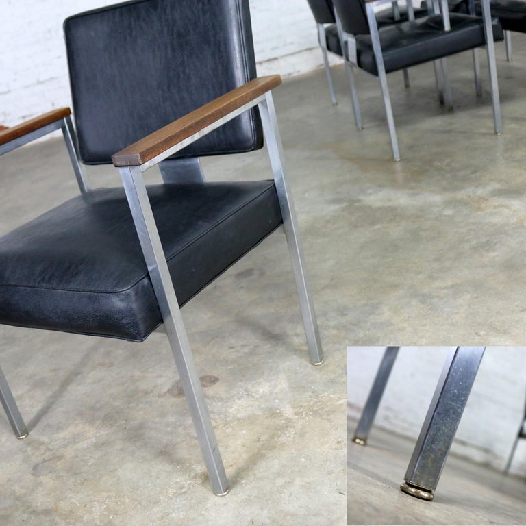8 MCM Brushed Steel Black Vinyl Dining Conference Chairs with Walnut ...