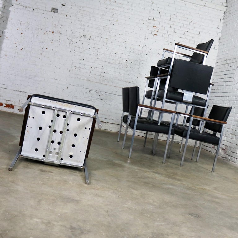 8 MCM Brushed Steel Black Vinyl Dining Conference Chairs with Walnut ...