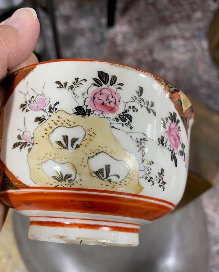 8 Piece Japanese Kutani Hand Painted Chawan Tea Bowl and Cover Set in ...