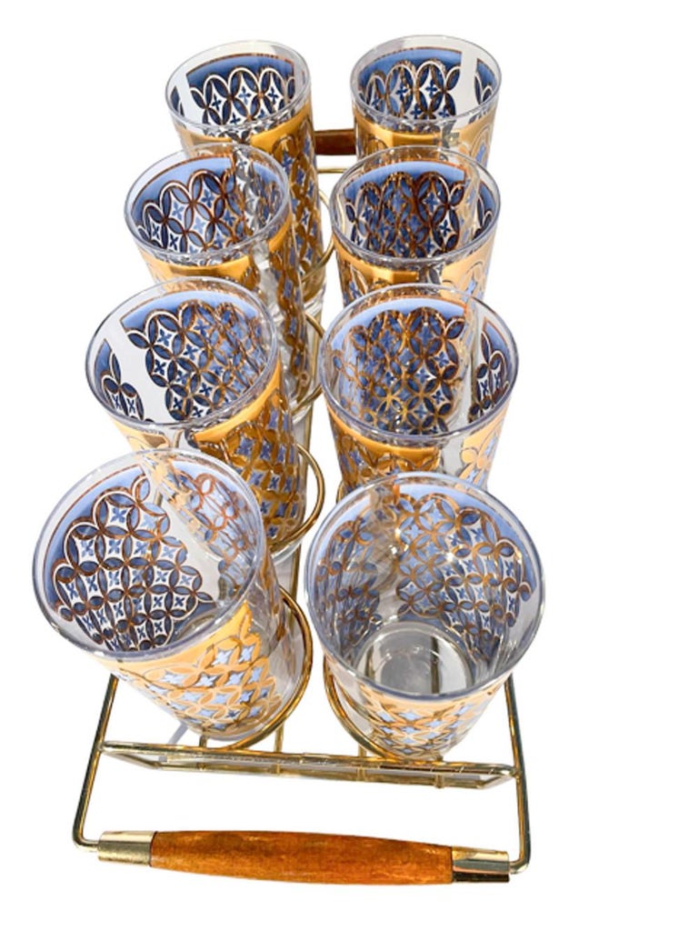 8 Vintage 22k Gold over Blue Enamel Highball Glasses Designed by Irene ...