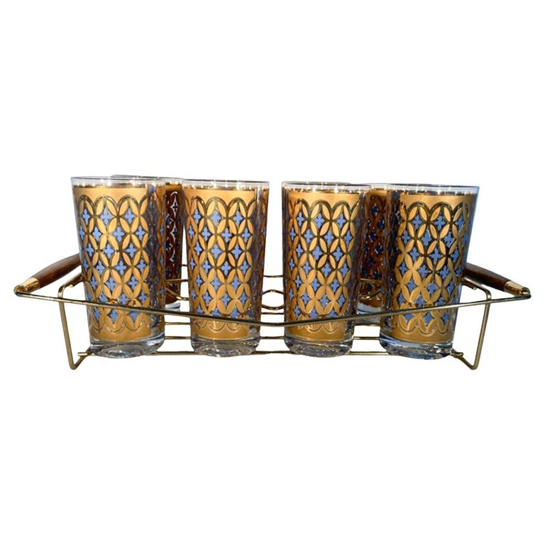 8 Vintage 22k Gold over Blue Enamel Highball Glasses Designed by Irene ...