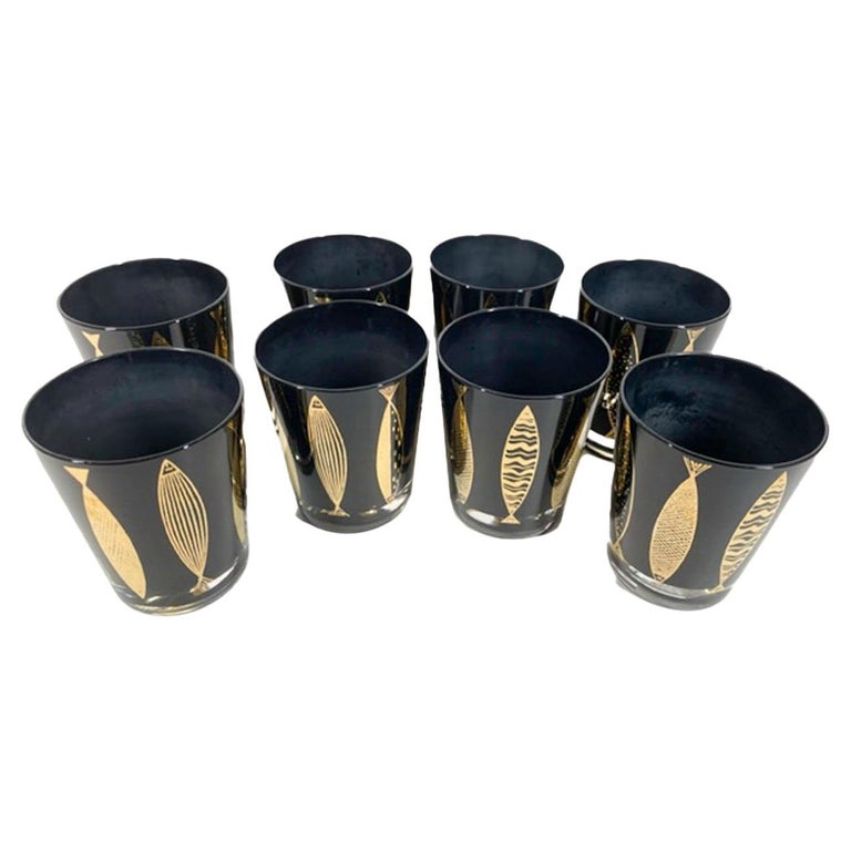 8 Vintage Fred Press Gold Fish Double Old Fashioned Glasses with Black ...