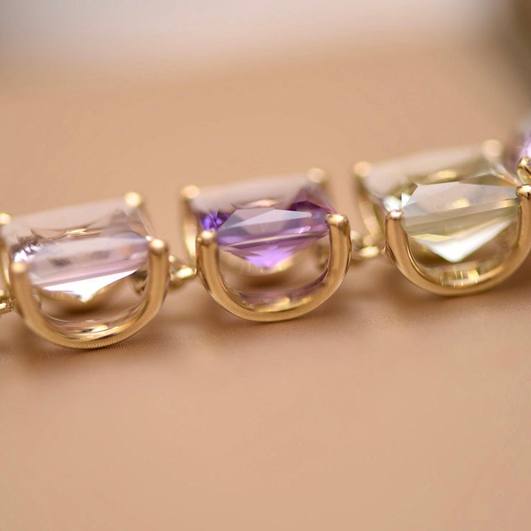 80 Carat Violet, Rose and Green Amethyst 14 Karat Yellow Gold Bracelet ...