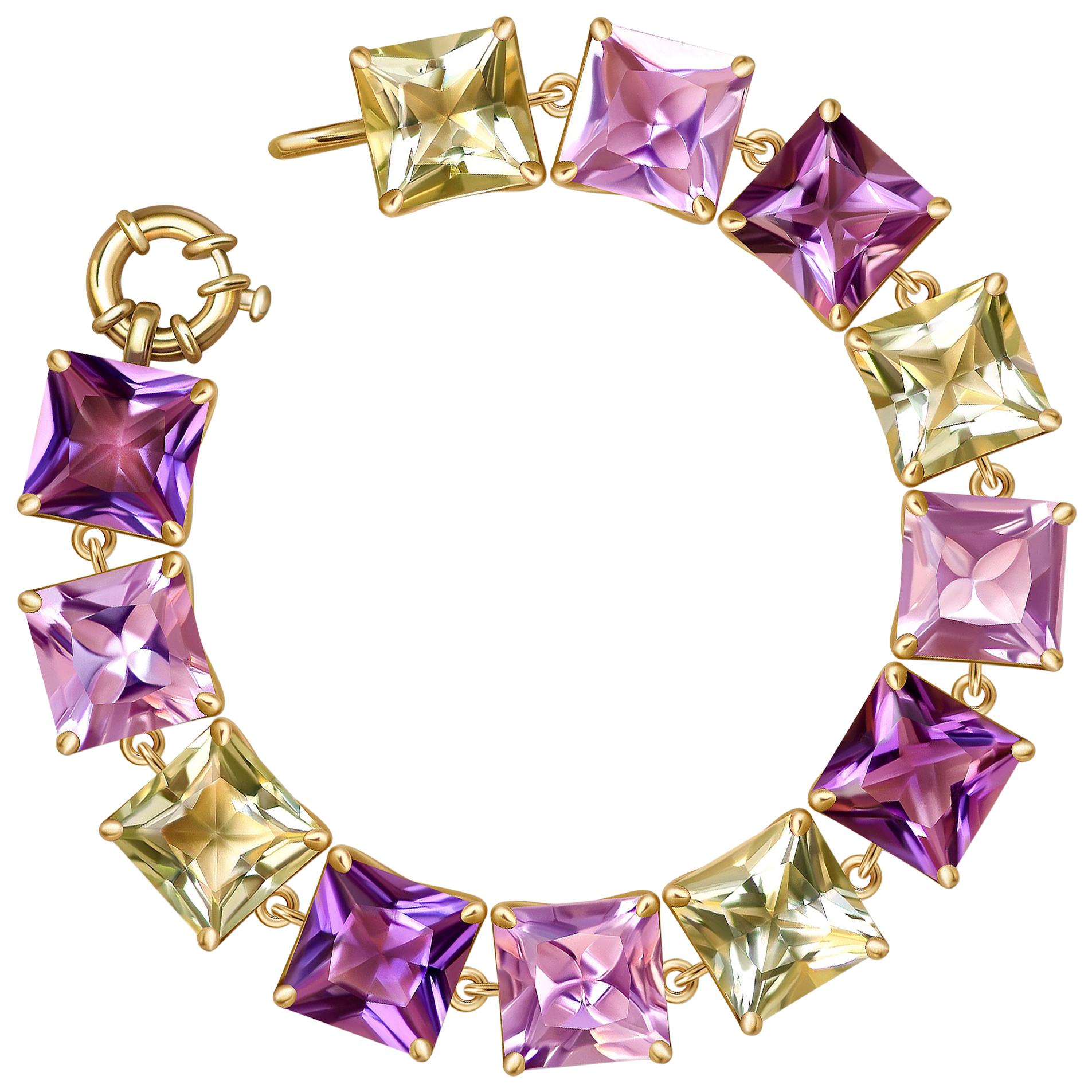 80 Carat Violet, Rose and Green Amethyst 14 Karat Yellow Gold Bracelet ...