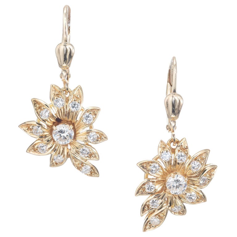 .80 Diamond Flower Yellow Gold Dangle Earrings For Sale at 1stDibs
