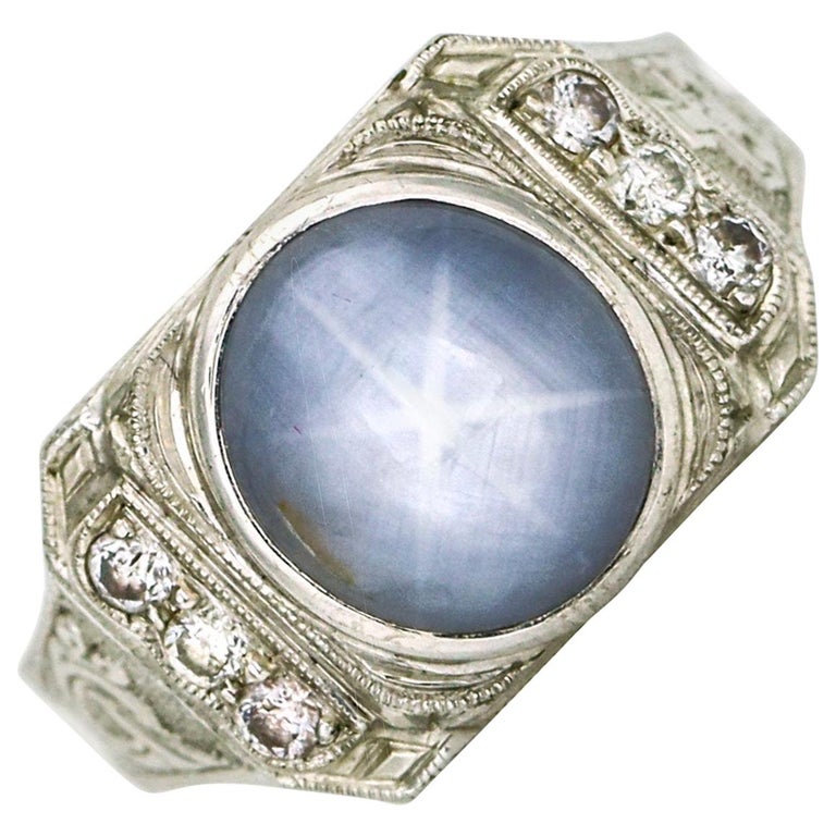 8.00 Carat 18 Karat White Gold Star Sapphire Diamond Men's Fraternity ...