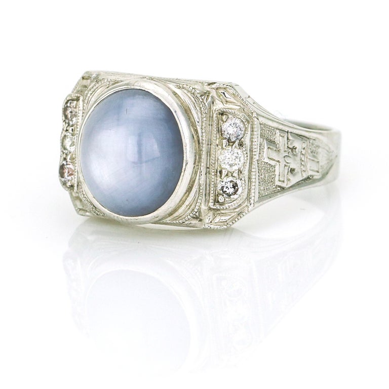 8.00 Carat 18 Karat White Gold Star Sapphire Diamond Men's Fraternity ...