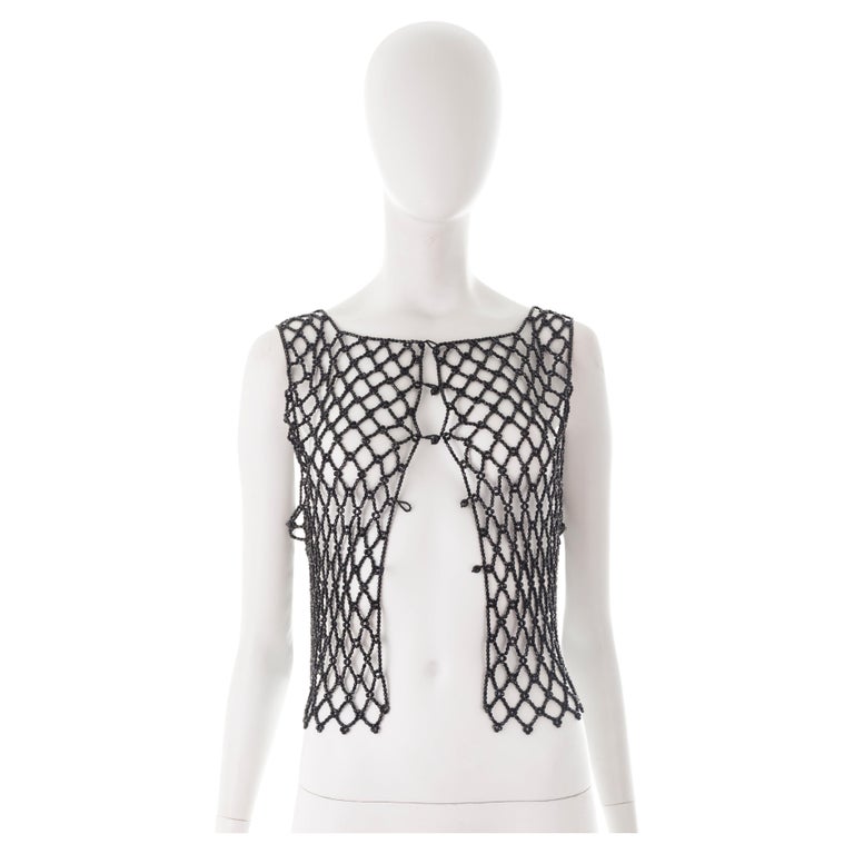80s black beaded fishnet disco top For Sale at 1stDibs