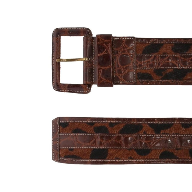 80s Gianfranco Ferré Vintage brown printed leather belt with pony skin ...