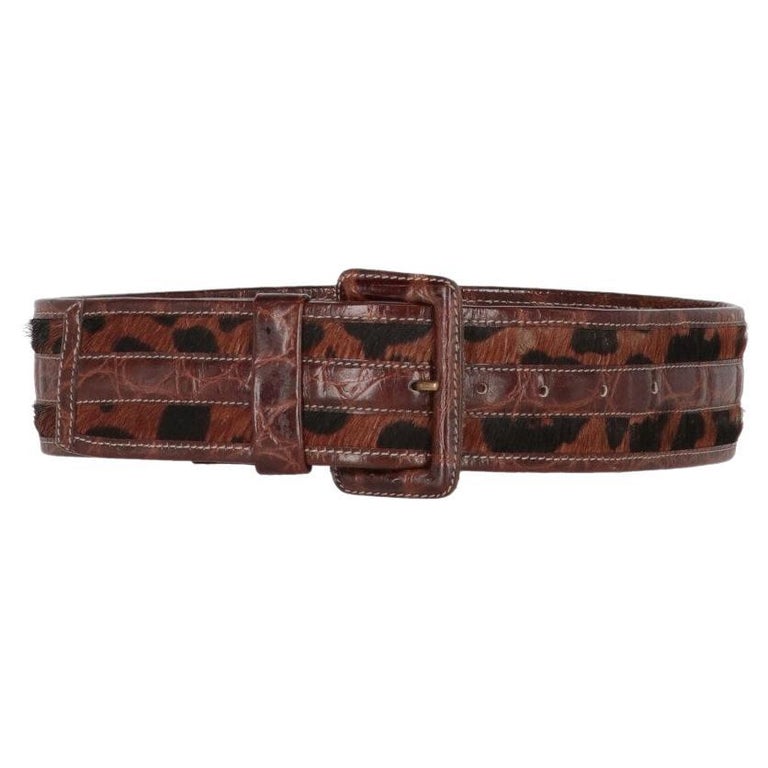 80s Gianfranco Ferré Vintage brown printed leather belt with pony skin ...