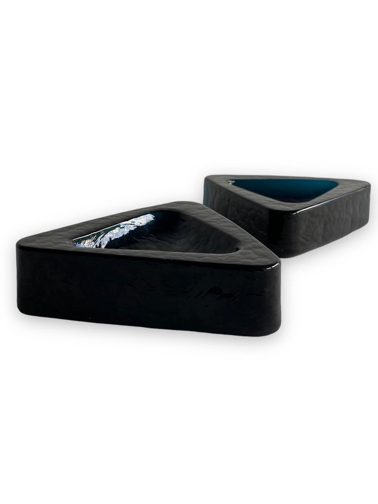 80's Heavy Glass Triangle Ashtrays Cobalt Blue For Sale at 1stDibs