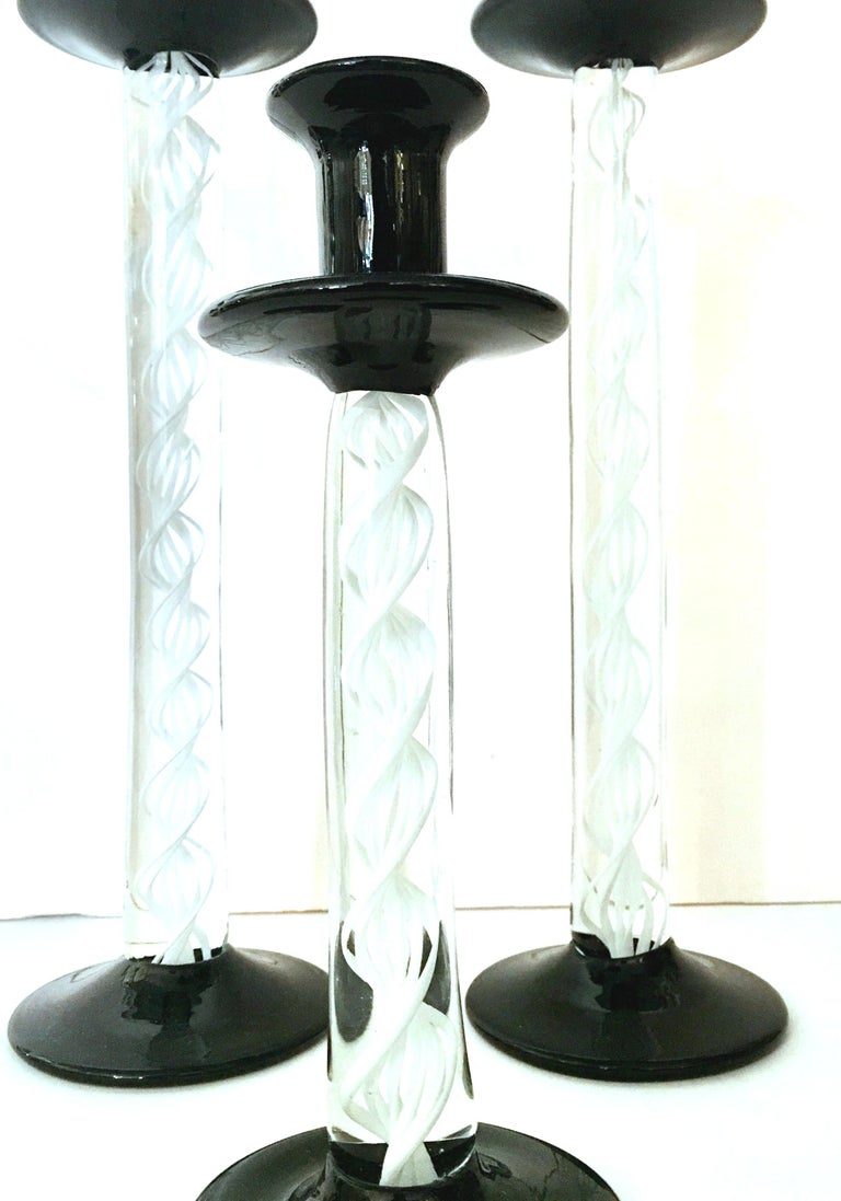 80'S Italian Murano Glass Black and White Swirl Candlestick Set Of ...