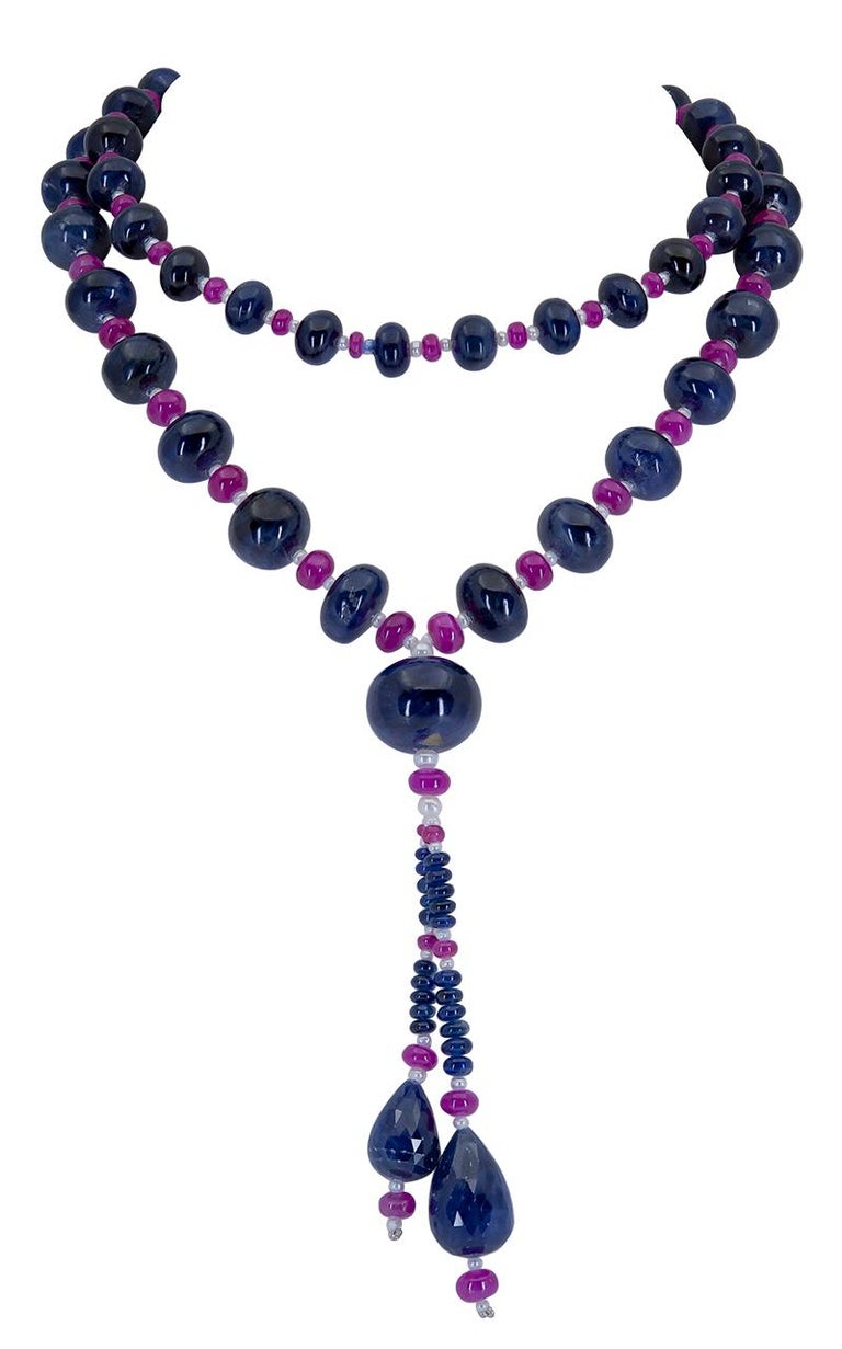 814 Carat Sapphire and Ruby Bead Drop Necklace For Sale at 1stDibs