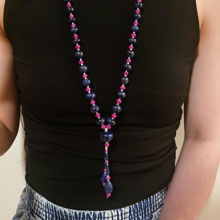 814 Carat Sapphire and Ruby Bead Drop Necklace For Sale at 1stDibs