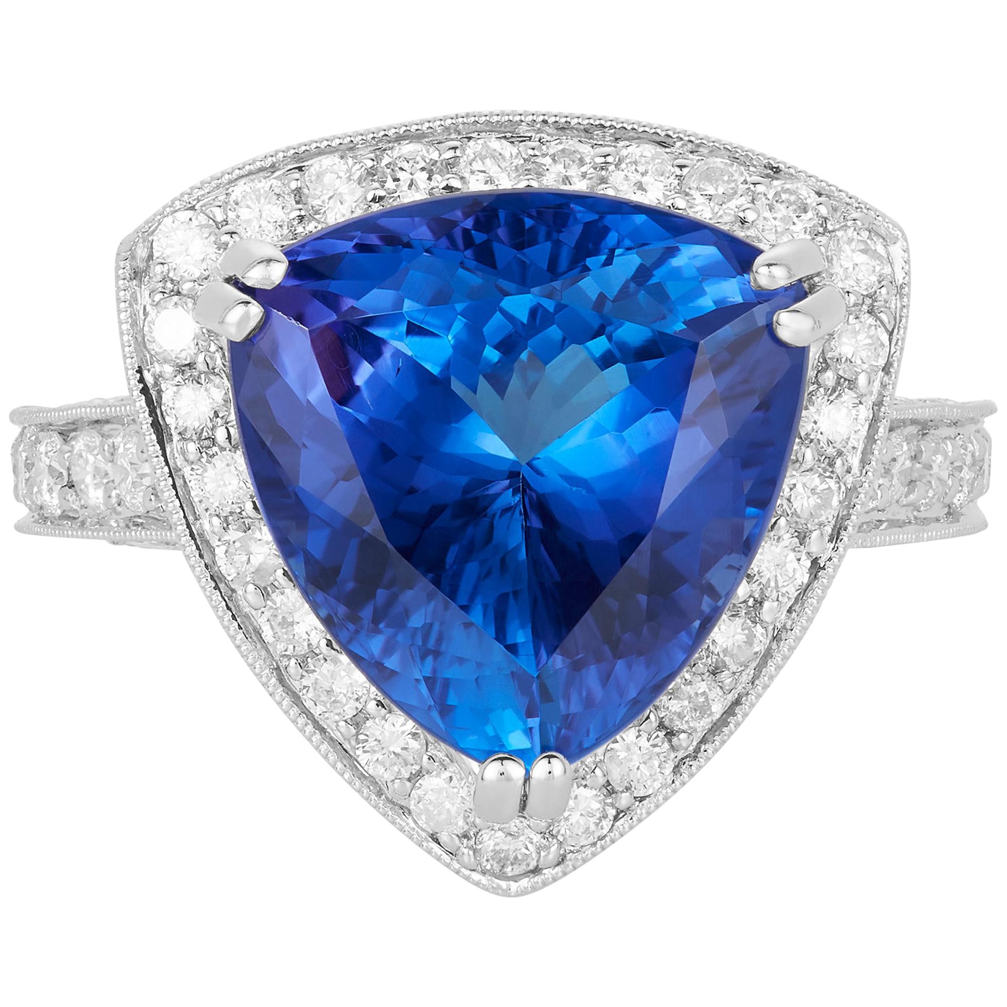 White Gold 4 Carat Trillion Cut Tanzanite and Diamond Halo Ring at ...