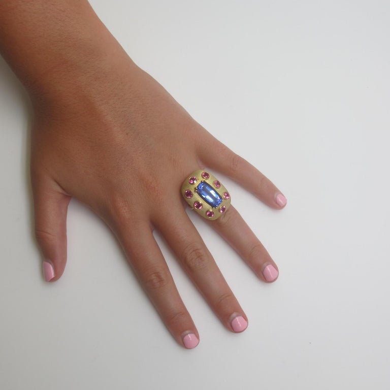 8.61 ct. Tanzanite Cushion, Pink Spinel, Yellow Gold Handmade Dome Ring ...