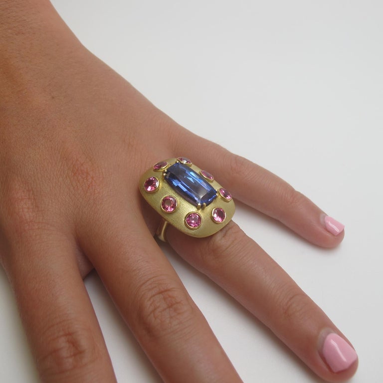 8.61 ct. Tanzanite Cushion, Pink Spinel, Yellow Gold Handmade Dome Ring ...