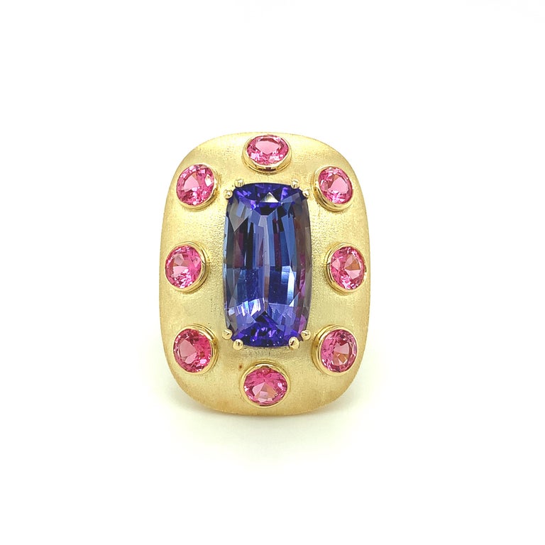 8.61 ct. Tanzanite Cushion, Pink Spinel, Yellow Gold Handmade Dome Ring ...