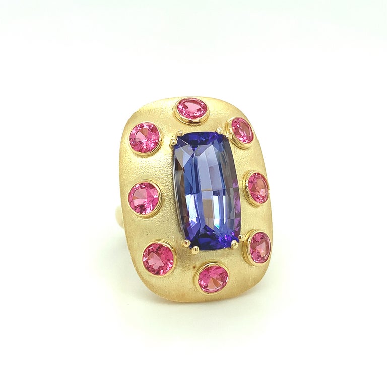 8.61 ct. Tanzanite Cushion, Pink Spinel, Yellow Gold Handmade Dome Ring ...