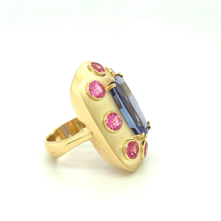 8.61 ct. Tanzanite Cushion, Pink Spinel, Yellow Gold Handmade Dome Ring ...