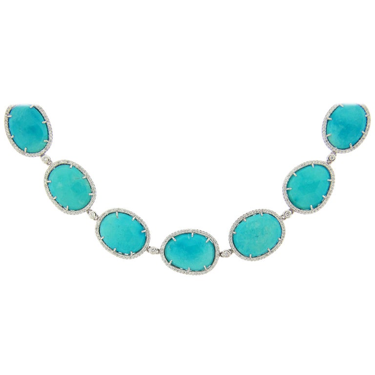 86.97 Carat Rose Cut Turquoise and Diamond Necklace For Sale at 1stDibs