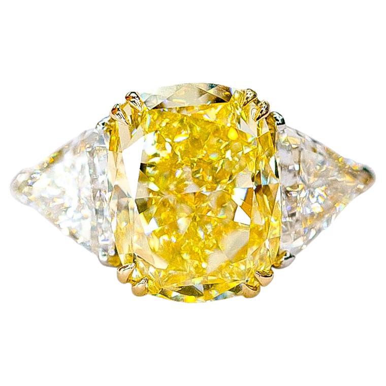 Scarselli Six Carat Fancy Yellow Cushion Cut Diamond Ring in Platinum ...