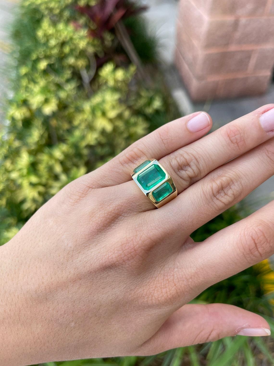 8.93tcw Emerald Cut Gypsy Three Stone Emerald Ring For Sale at 1stDibs ...
