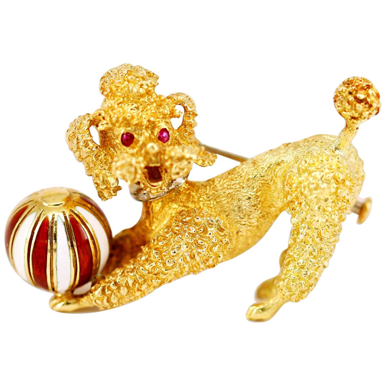 18 Karat Yellow Gold Ruby Enamel Poodle Puppy Dog Brooch at 1stDibs