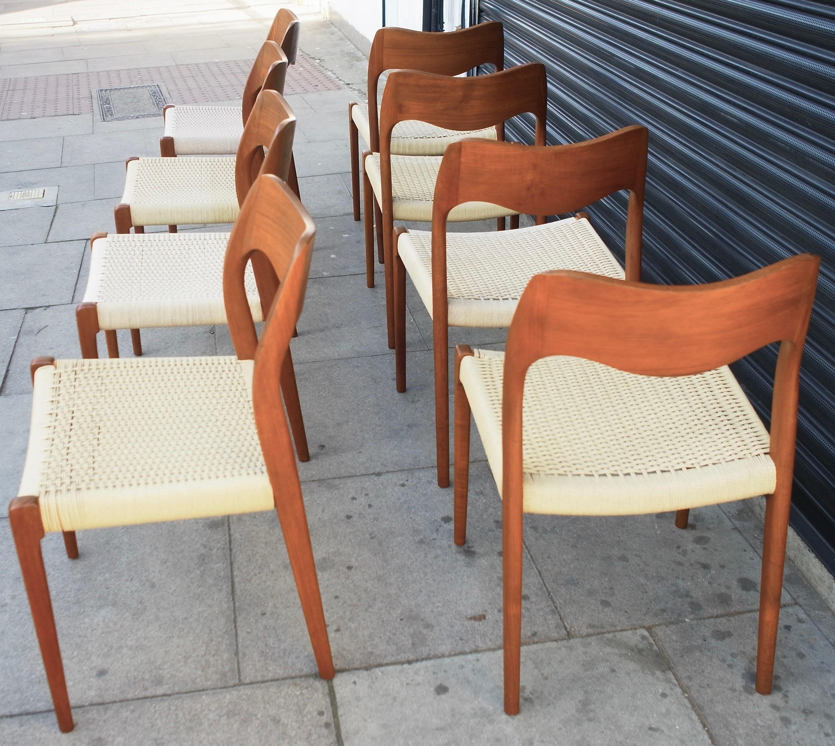 8x Niels. O Moller 71 Teak Dining Chairs for J.L. Mollers with Woven ...