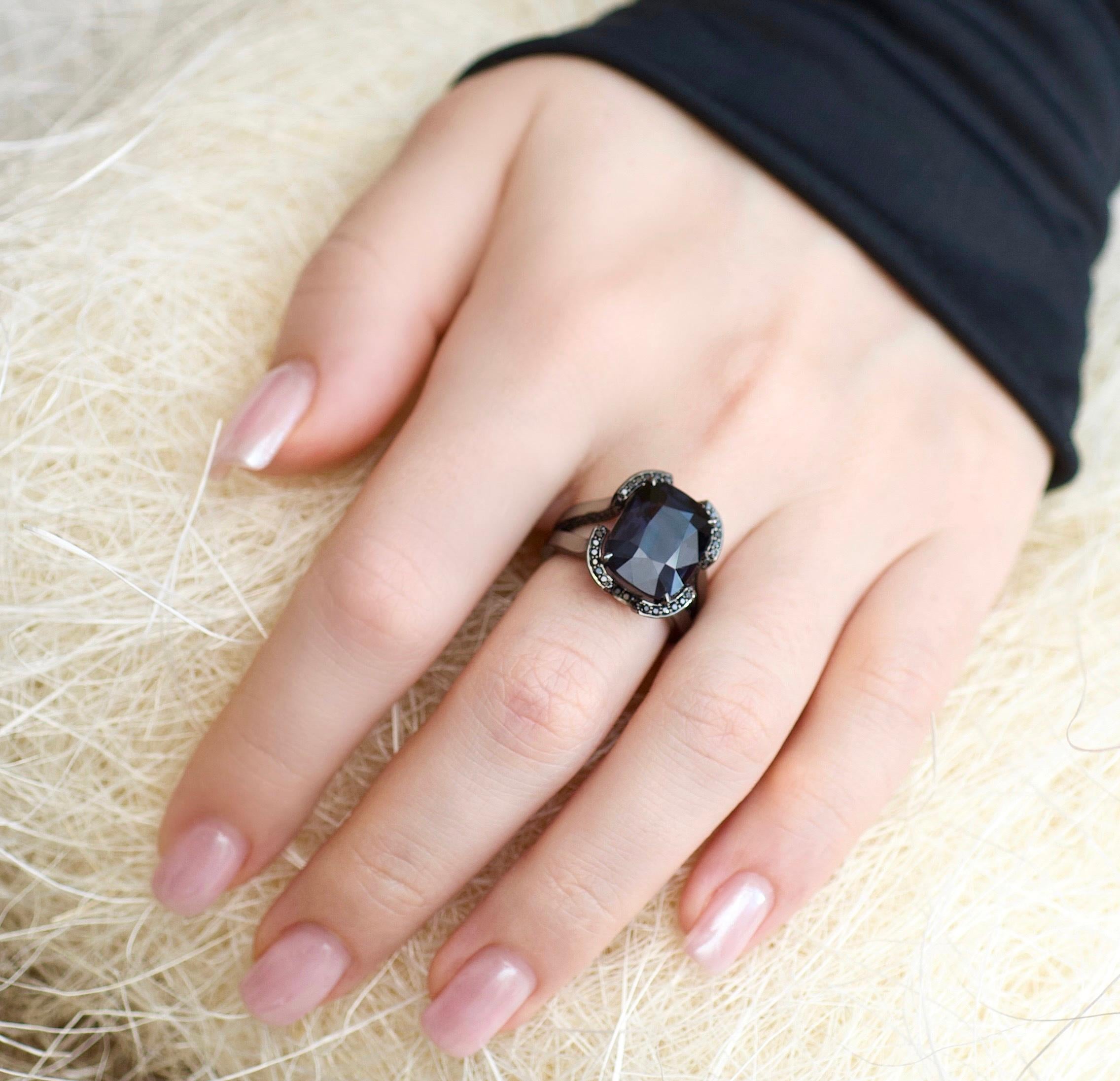 9 Сarat Grey Purple Thunderstorm Spinel Black Diamonds 14 Karat Gold ...