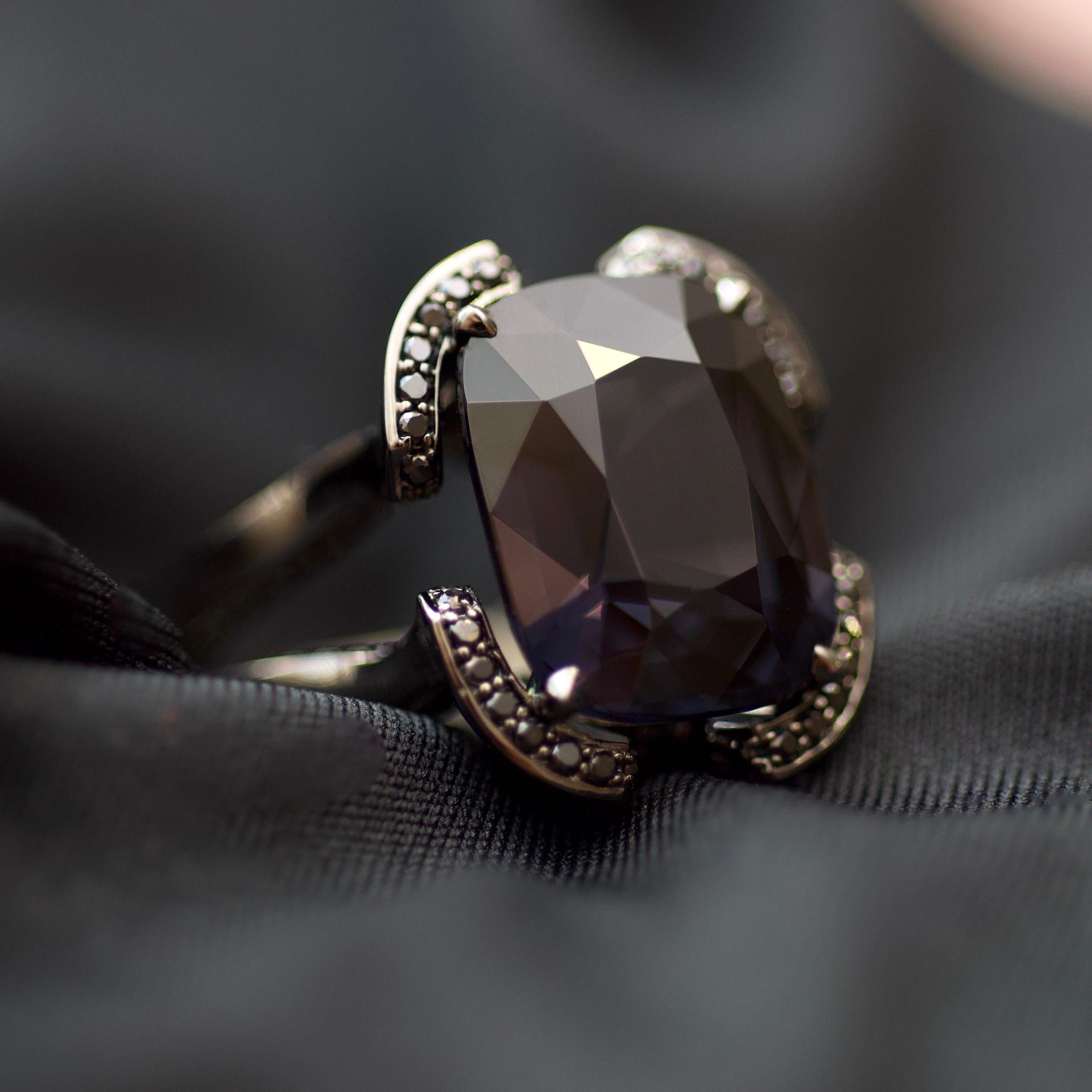 9 Сarat Grey Purple Thunderstorm Spinel Black Diamonds 14 Karat Gold ...