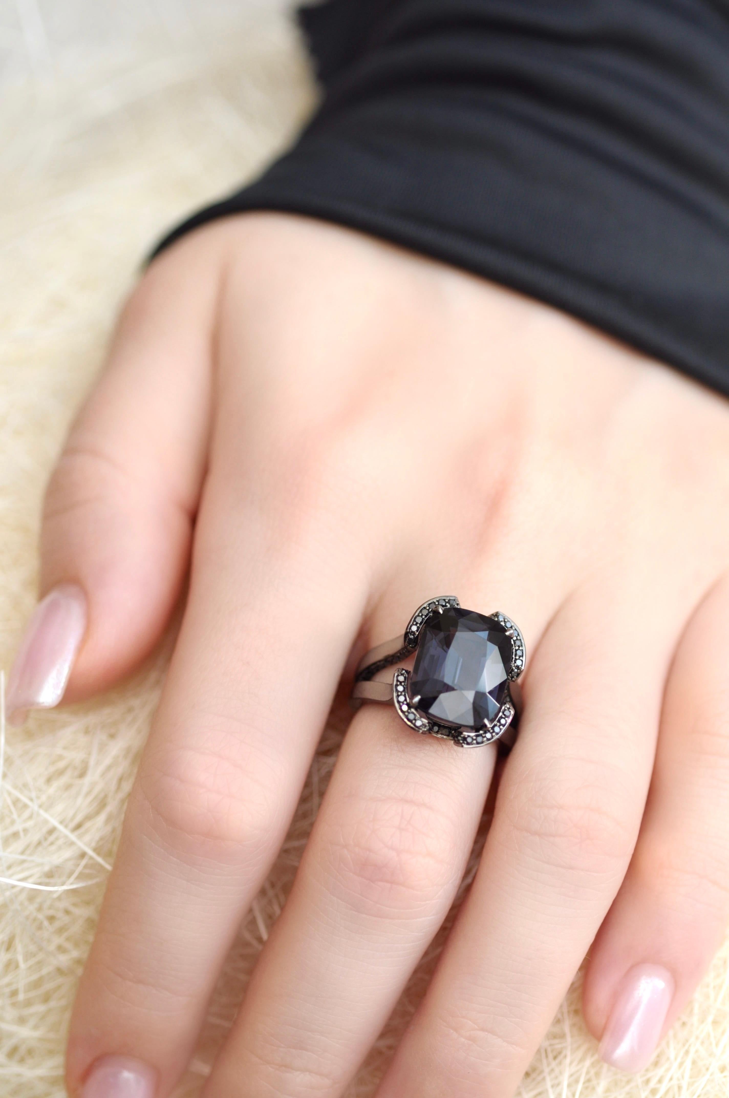 9 Сarat Grey Purple Thunderstorm Spinel Black Diamonds 14 Karat Gold ...