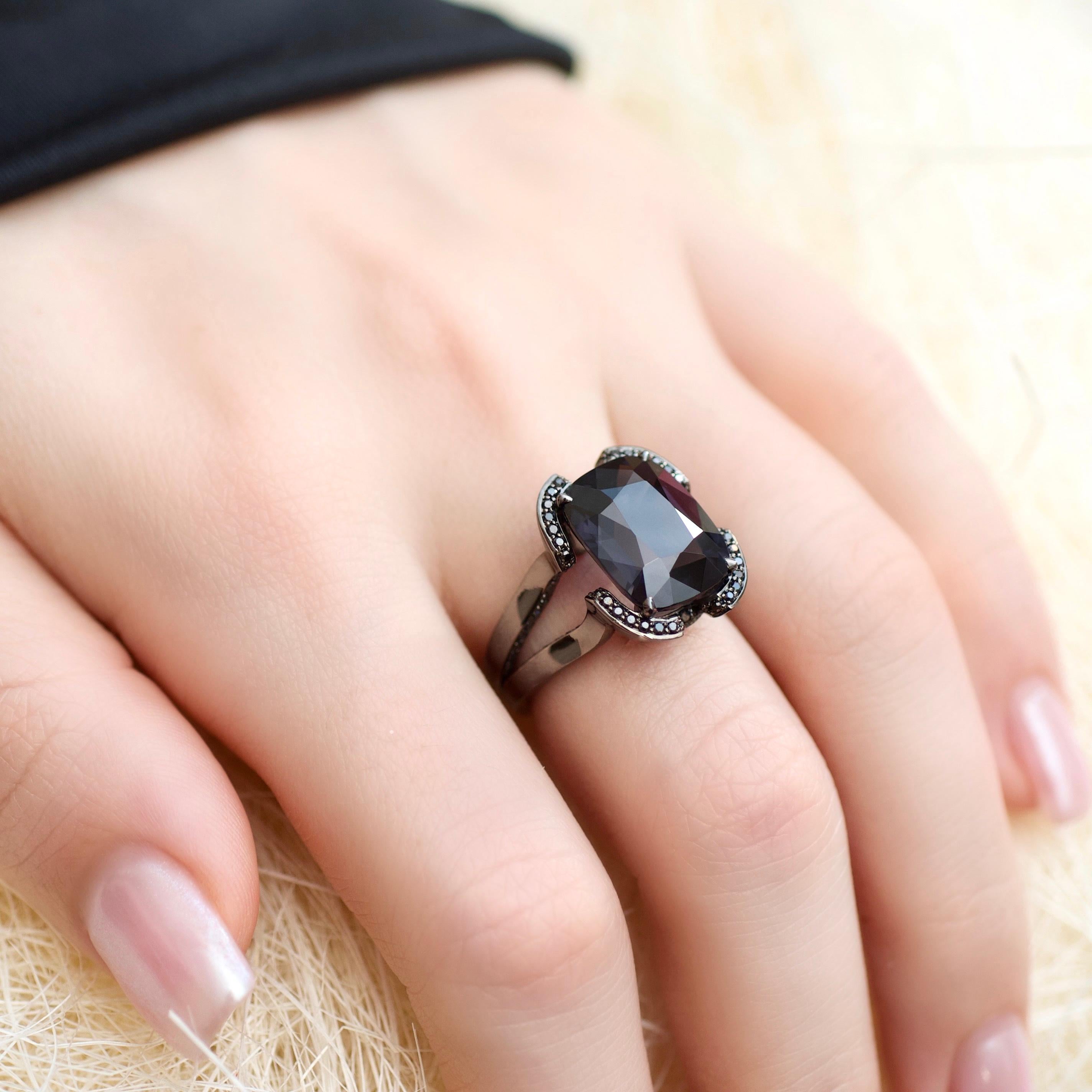 9 Сarat Grey Purple Thunderstorm Spinel Black Diamonds 14 Karat Gold ...