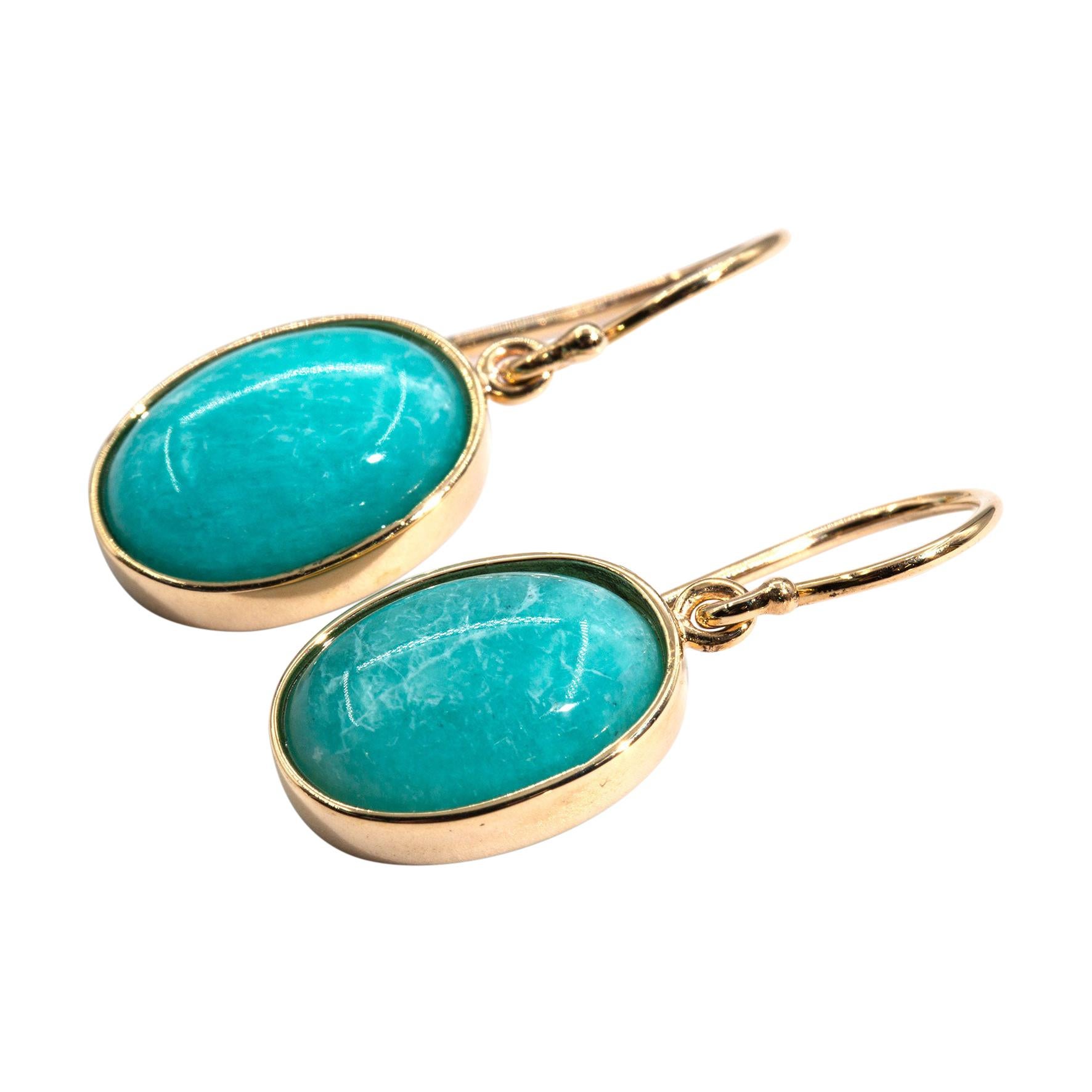 9 Carat Yellow Gold Oval Aqua Amazonite Cabochon Vintage Drop Earrings ...