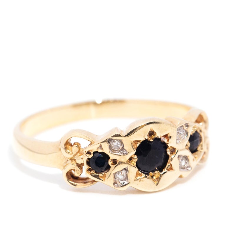 9 Carat Yellow Gold Star Set Dark Blue Sapphire and Diamond Vintage ...