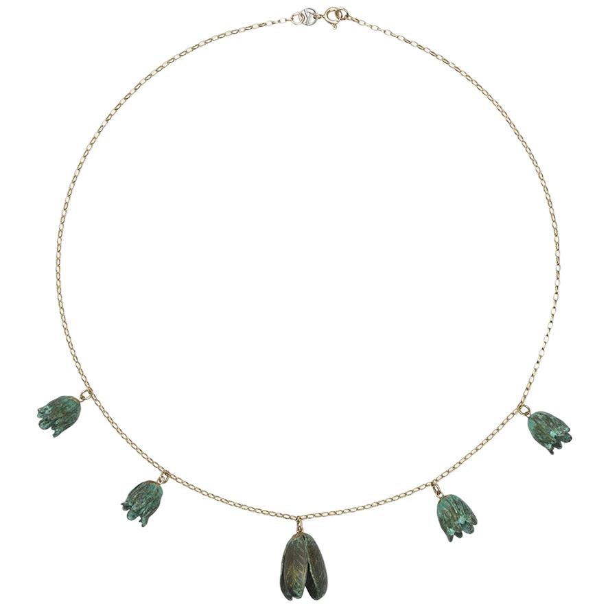 9ct Yellow Gold, Verdigris Brass and Sterling Silver Flower Bud ...