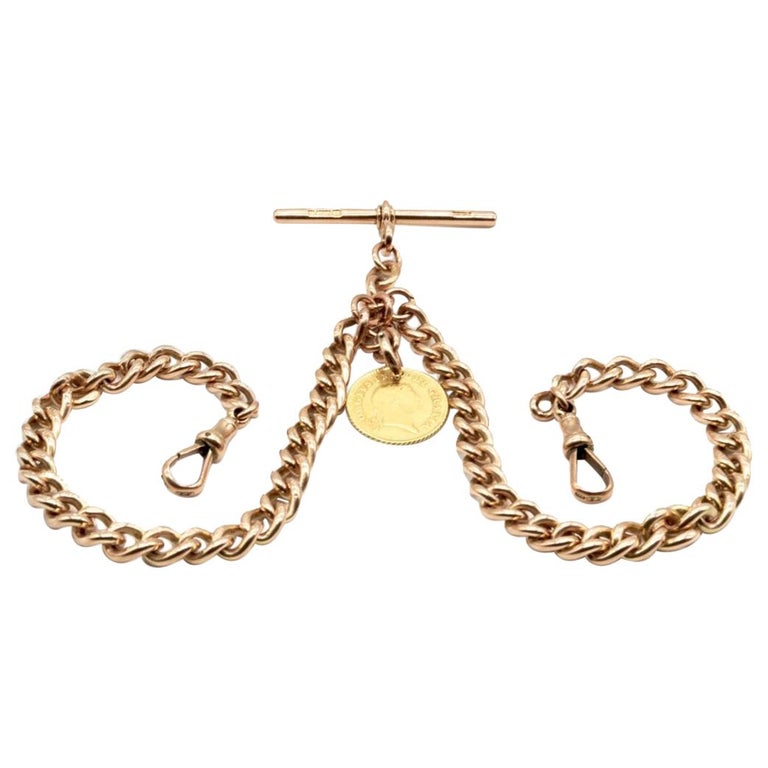 9 Kt Rose Gold Double Albert Gentleman's Pocket Watch Chain and 18 Kt ...