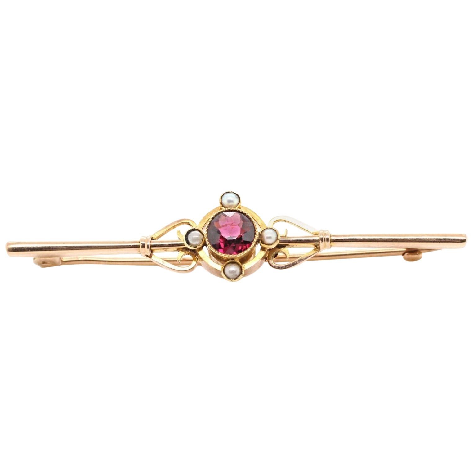 9 Karat Rose Gold Garnet Pin /Brooch Surrounded by 4 Pieces of White ...
