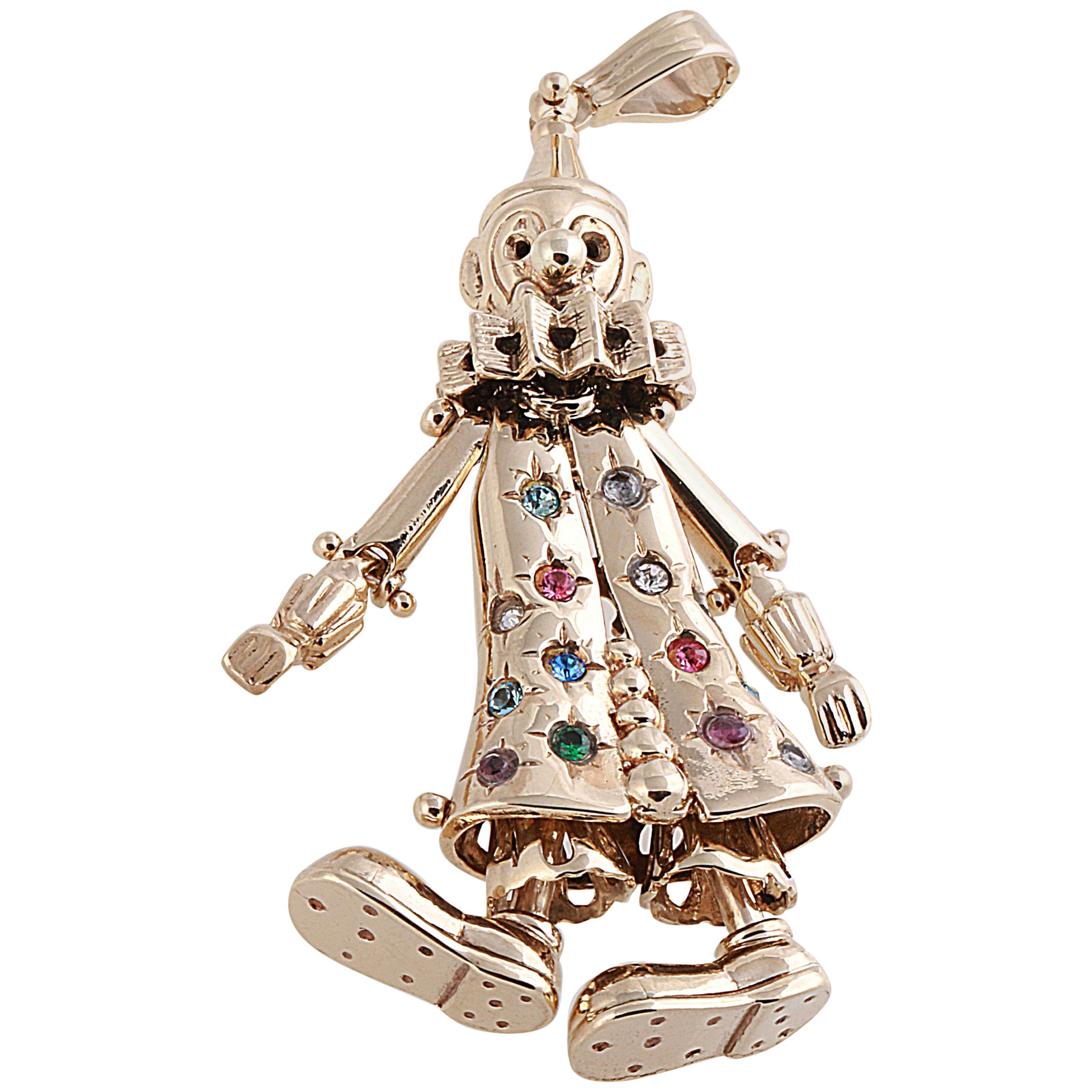 9 Karat Yellow Gold and Multicolored Stones Clown Pendant at 1stDibs