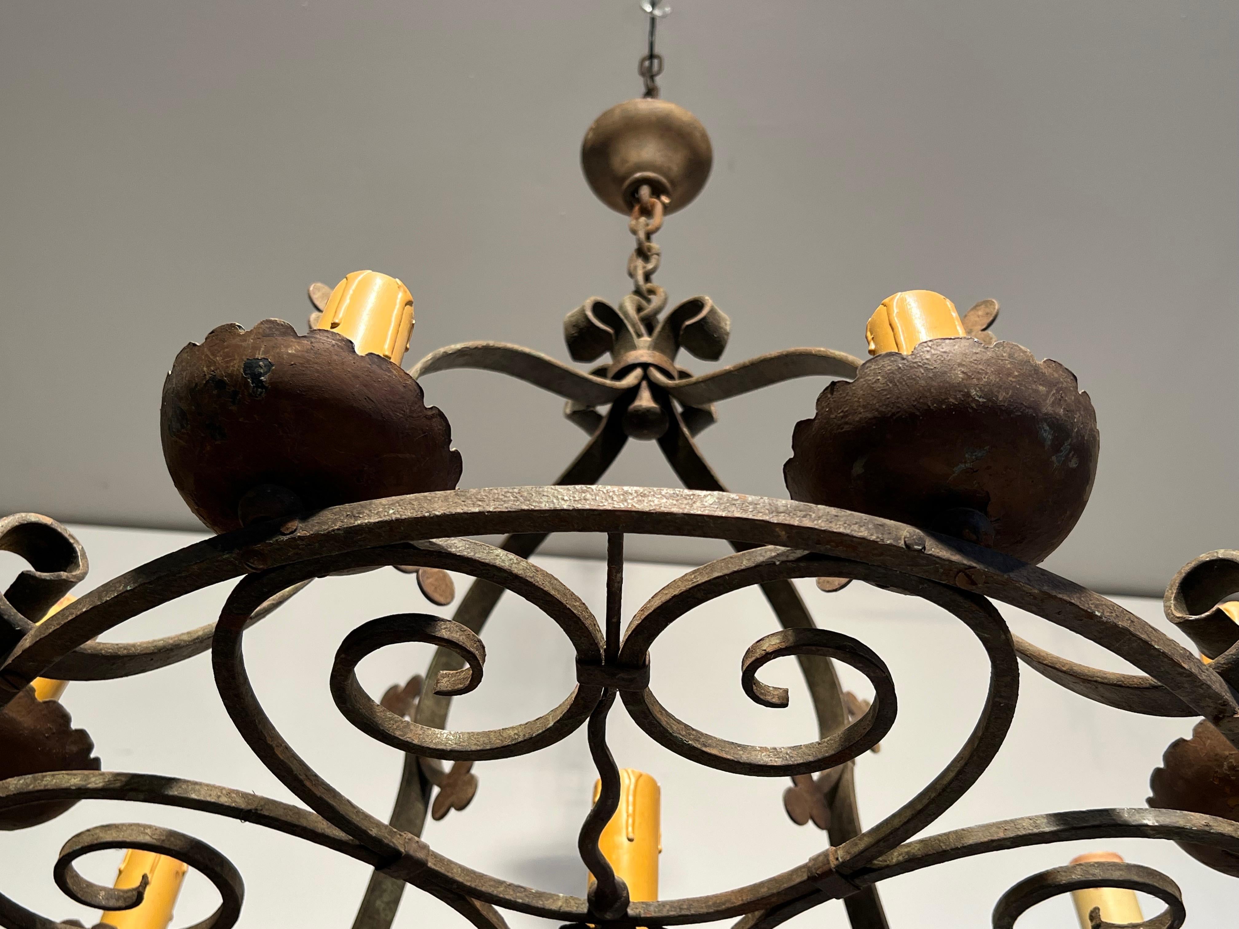 9 lights clover wrought iron chandelier. French work. Circa 1950 For ...