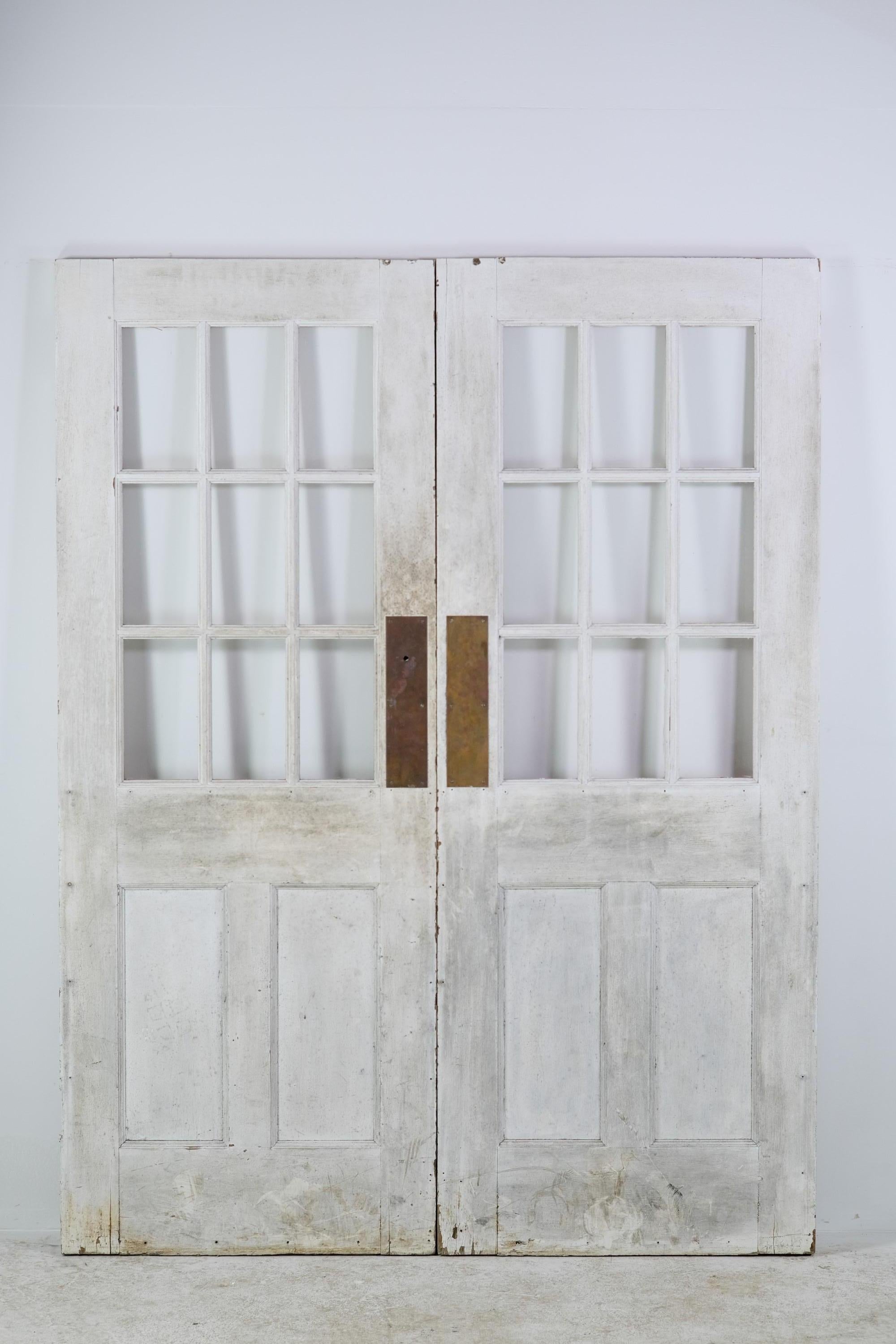 9 Lite and 2 Pane Oak Commercial Double Doors, Painted w/ Brass Pulls ...