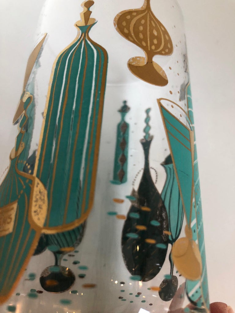 9-Piece Set of Aqua and Gold Print on Clear Glass Cocktail Glasses w ...