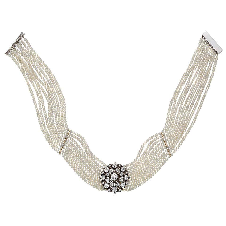 9 Strand Pearl And Diamond Choker Necklace At 1stdibs