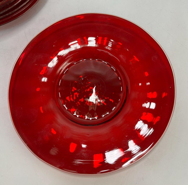9 Venetian Cranberry Red Gold Fleck Art Glass 8.5 Inch Plates Attrib to ...
