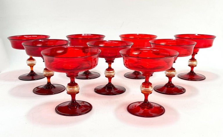 9 Venetian Cranberry Red and Gold Fleck Art Glass Champagne Goblets ...
